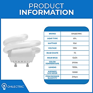 OHLECTRIC 2 Pack - Mini Spiral T3 Compact Fluorescent Light Bulbs - Twist and Lock GU24 Base Light Bulb - 120V - 13W - 800L - Two Pin Fluorescent Bulbs - 2700K - Warm White