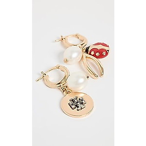 Tory Burch Women's Charm Hoop Earrings, Tory Gold/Cream/Crystal, One Size