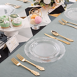 U-QE 100 Pieces Clear Plastic Plates - Clear Disposable Plates - Premium Hard Clear Plates for Party, Holiday and Party Use Including 50 Dinner Plates 10.25 '' & 50 Dessert Plates 7.5 ''