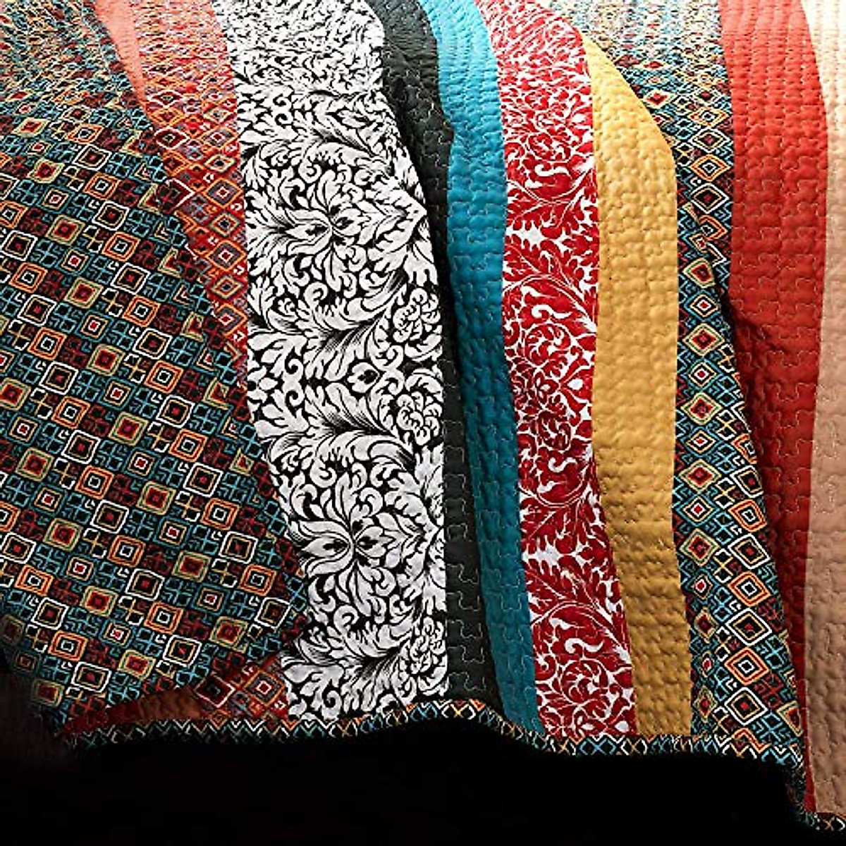 Lush Decor Boho Stripe Quilt Reversible 3 Piece Bohemian Design Bedding Set - King - Turquoise and Tangerine