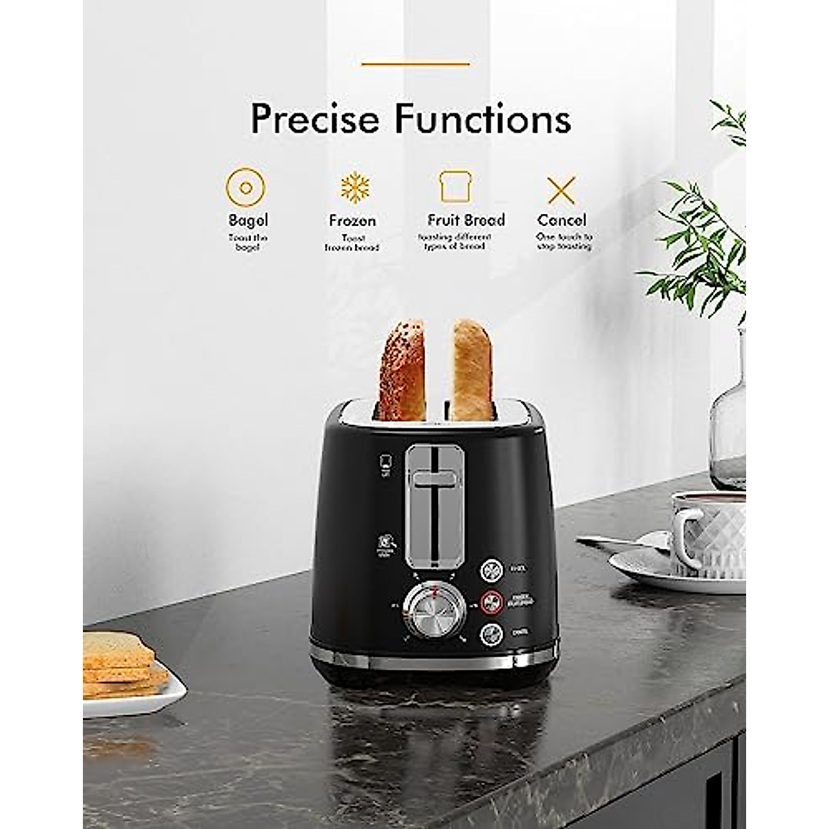 Longdeem 2-Slice Toaster, Extra Wide Slots, 6 Browning Options With Lift and Look, Auto Shut-Off & Frozen Function for Toasting Fruit Bread, Bagels & Waffles, Removable Crumb Tray, Matte Black