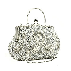 Women Beaded Sequin Design Flowers Evening Wedding Clutch Handbag Purse Vintage Beaded Embroidery Crossbody Evening Bag (Silver)