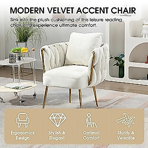NIOIIKIT Modern Velvet Accent Chair, Hand Weaving Upholstered Armchair with Throw Pillow, Leisure Single Reading Sofa Chair with Gold Metal Legs for Living Room, Bedroom, Office (Beige)