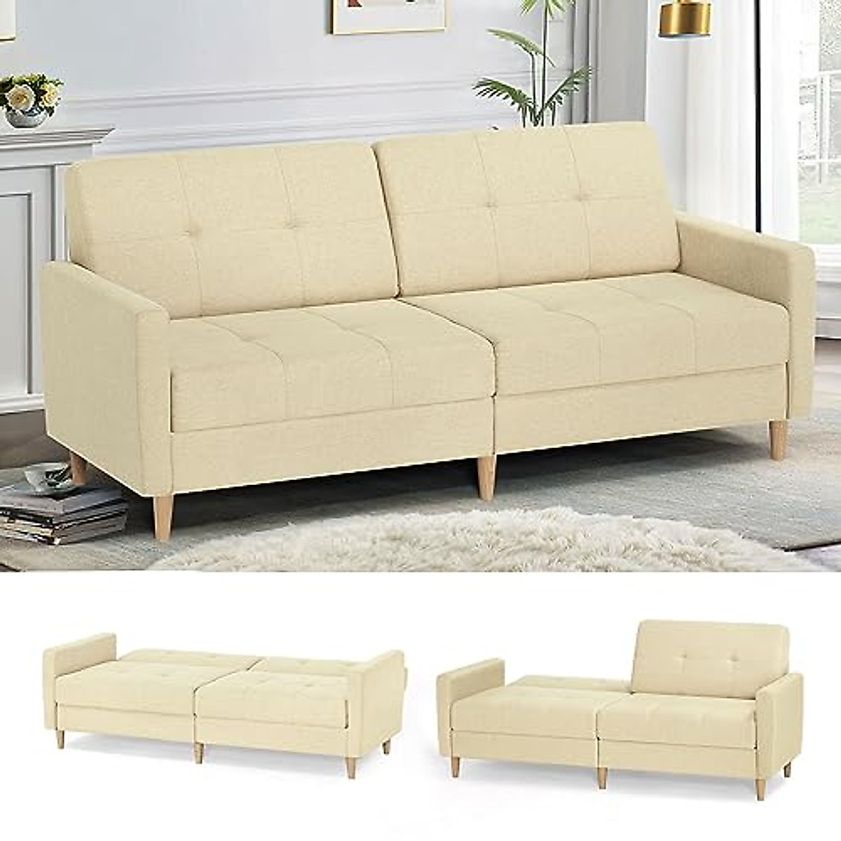 BIVVI Convertible Folding Loveseat Couch 77” Long Linen Fabric Sofa Bed with Adjustable Backrest and Wooden Legs,Large Sleeper Lounge Couch for Living Room Dorm Guest Home Office Apartment,Beige