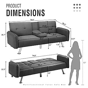 IULULU Futon Sofa Bed, Convertible Couch with 2 Cup Holders Loveseat with Armrest for Studio, Apartment, Office, Living Room, Dark Grey