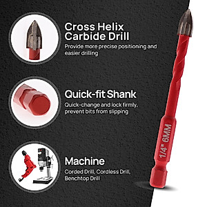 Dry Diamond Drill Bits Set - FOCSTOL 4pcs 6/8/10/12mm Diamond Hole Saw & 1pc 6mm Carbide Drill with Quick Change Hex Shank for Ceramic Porcelain Tile Marble Granite Quartz