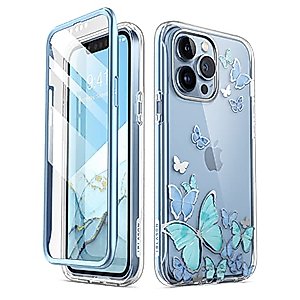i-Blason Cosmo Series for iPhone 13 Pro Max Case 6.7 inch (2021 Release), Slim Full-Body Stylish Protective Case with Built-in Screen Protector (Blue Butterfly)