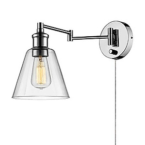 Globe Electric 65704 1-Light Plug-in or Hardwire Industrial Wall Sconce, Chrome Finish, On/Off Rotary Switch, 6ft Clear Cord, Clear Glass Shade, Wall Lights for Bedroom Plug in, Kitchen Sconces