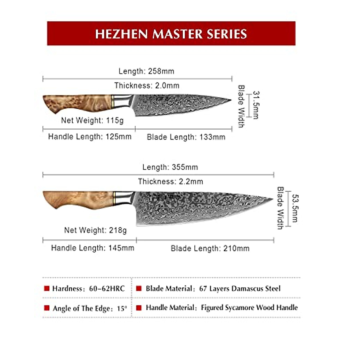 HEZHEN-67 LAYES Damascus Steel Kitchen Knife Set 2PCS,8.3'' Chef knife 5" Utility Knife Figured Sycamore Wood Handle with Gift Box