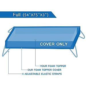 3 Inch Mattress Topper Cover Full Cooling Bamboo Rayon Zippered Cover with Adjustable Straps for Latex Memory Foam Mattress Topper