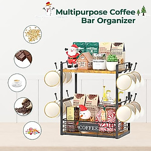 EsLuker.ly 2 Tier Coffee Bar Organizer Countertop Station Shelf for Home Office, Multi-functional Coffee Mug Cup Holder Stand, Accessory Storage Rack with 12 Hooks, Space-Saving Coffee Nook Enhancer