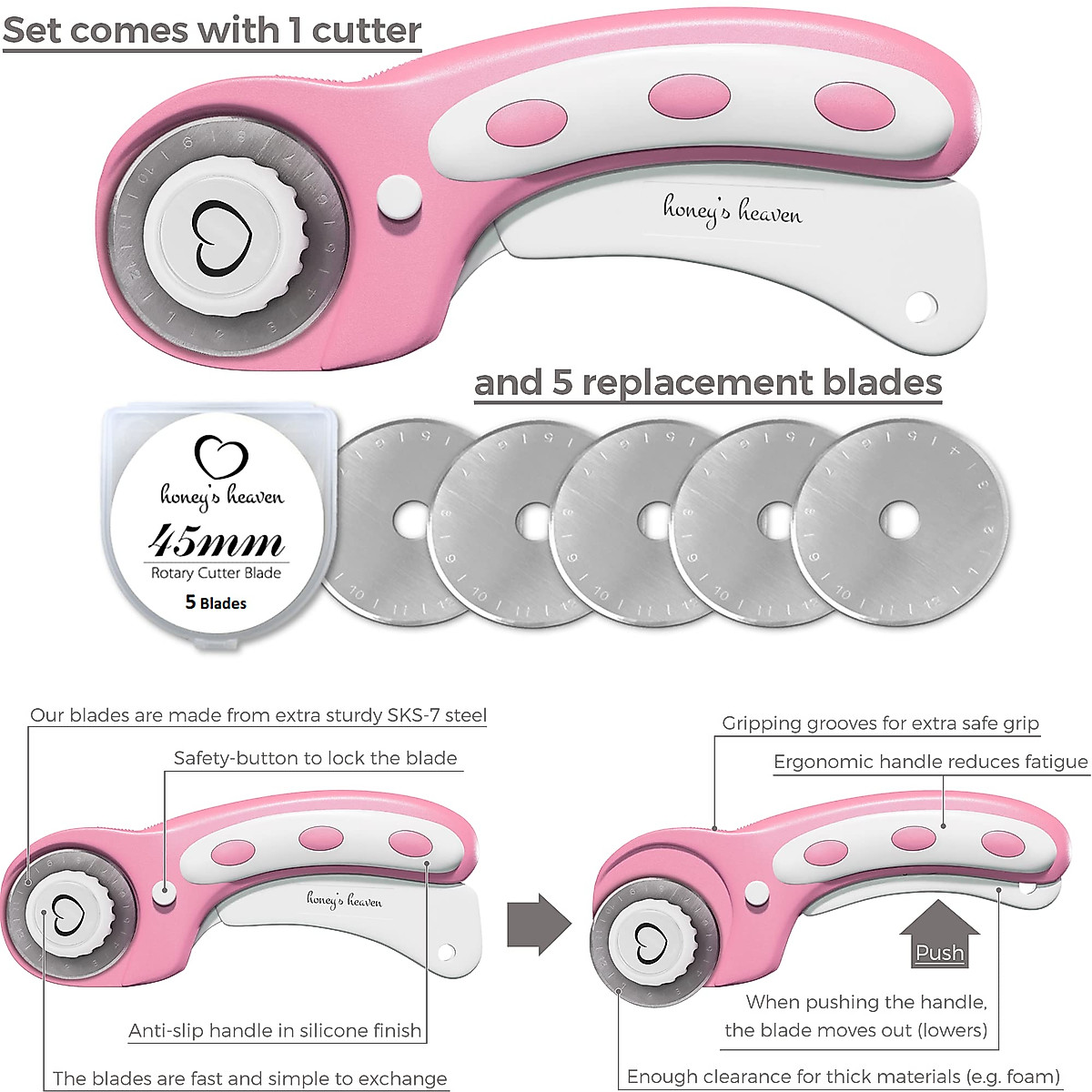 Rotary Cutter Set pink - Quilting Kit incl. 45mm Fabric Cutter, 5 Replacement Blades, A3 Cutting Mat, Acrylic Ruler and Craft Clips - Ideal for Crafting, Sewing, Patchworking, Crochet & Knitting x