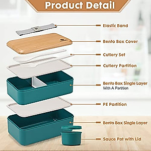 Bento Box Adult Lunch Box,2 Stackable Japanese Lunch Containers for Kids/Women with Compartments(47oz),Modern Containers with Utensil Set,Leak-Proof Lunchbox,Rectangle(Nordic Green)