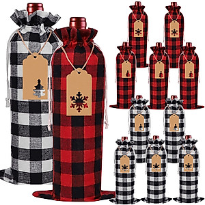 DULEFUN 12pcs Christmas Wine Bags, Christmas Wine Burlap Bags Buffalo Plaid Wine Bags Reusable Xmas Wine Bottle Clothes Covers for Christmas Wedding New Year Holiday Party Decor