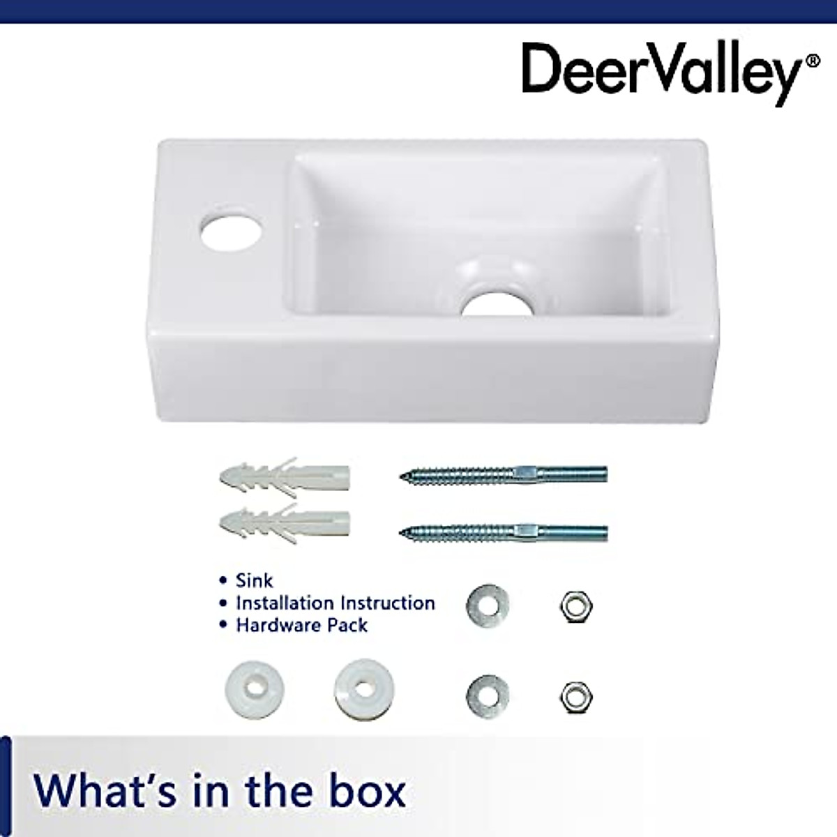 DeerValley DV-1V081L Liberty Wall Mount Sink, Rectangle Mini Vessel Sink,Small Bathroom Cloakroom White Porcelain Ceramic Wash Basin Right/Left Hand (Left Hand) (Left Hand)