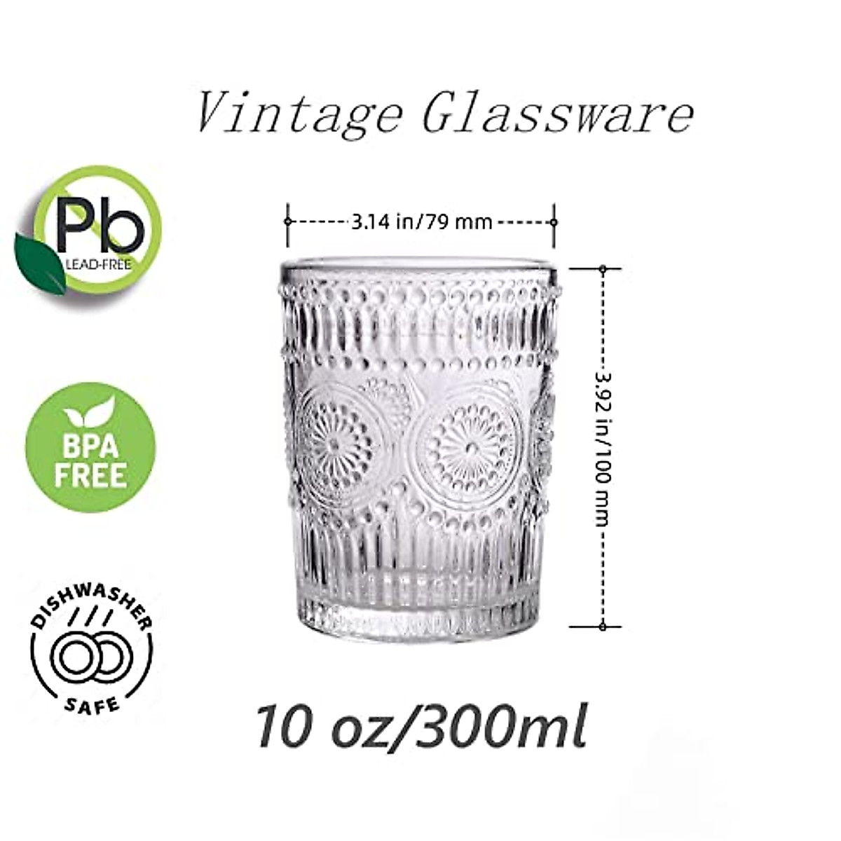 Amzcku Vintage Drinking Glass Set of 4, 10 oz - For Cocktails, Mixed Drinks, Whiskey, Beverage, Water, Milk and Juice…