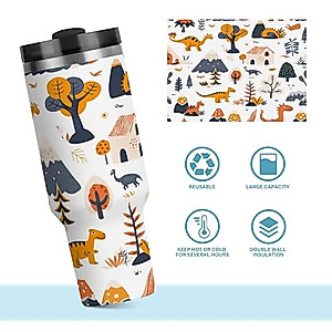 FRCSDIY Cartoon Dinosaur Insulated Tumbler with Handle and Straw Lid,40oz Leakproof Stainless Steel Cup BPA-Free Water Bottle