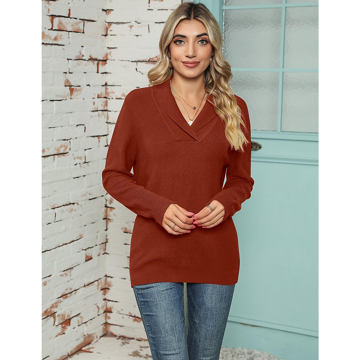 Ivicoer Sweaters for Women V Neck Pullover Ladies Knit Long Sleeve Collared Tops Fall Winter Polo Trendy Orange