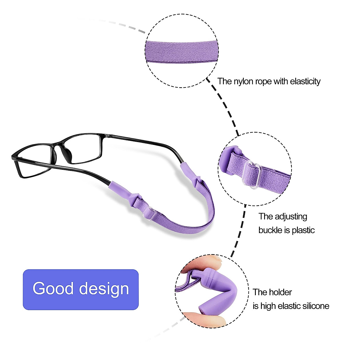 lvvfit Adjustable Glasses Strap, No Tail Adjustable Eyewear Retainer Glasses Straps, Sunglasses Straps for Men,Women,kids(4pcs Purple)