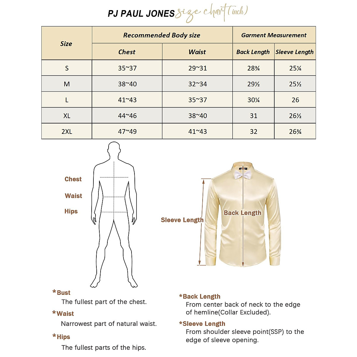 PJ PAUL JONES Men's Gold Silk Satin Dress Shirts Button Down Shiny Date Night Prom Wedding Shirt with Bow Tie M