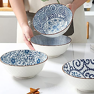 YALONG 8 Inch 40 Ounce Ceramic Bowls for Kitchen Deep Soup Pho Bowls, Blue White Large Porcelain Salad Bowls Set for Ramen Pasta Cereal Dessert Stackable Deep Noodle Serving Bowls Set of 4 for Gift