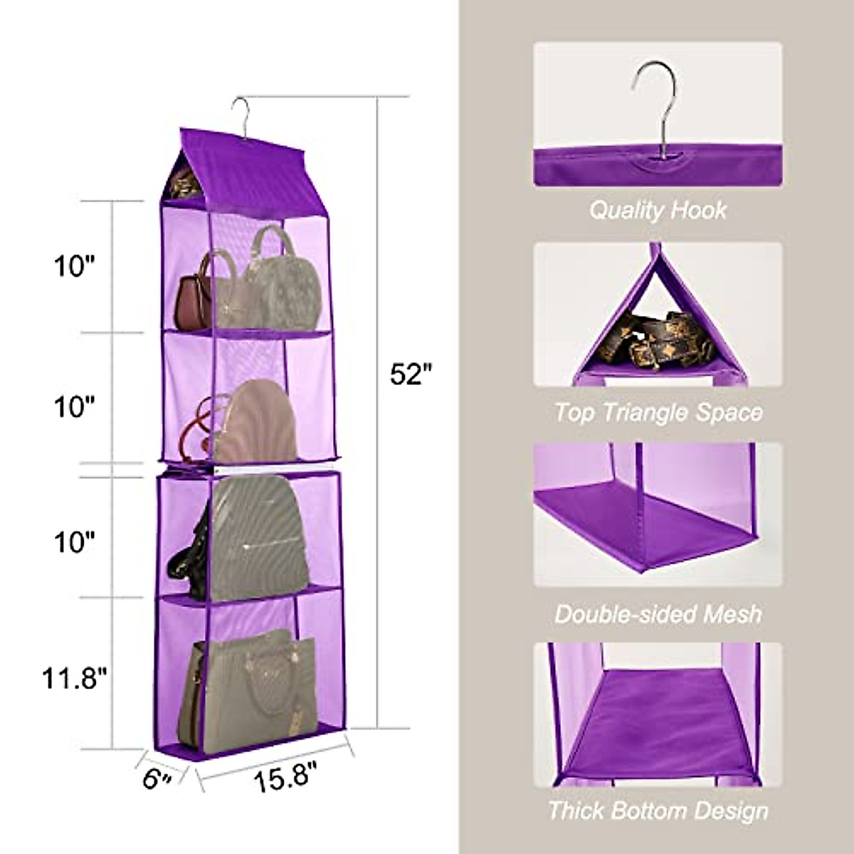 TABITORA Detachable Hanging Handbag Organizer Easy Unpack Hanging Organizer For Bags Purple