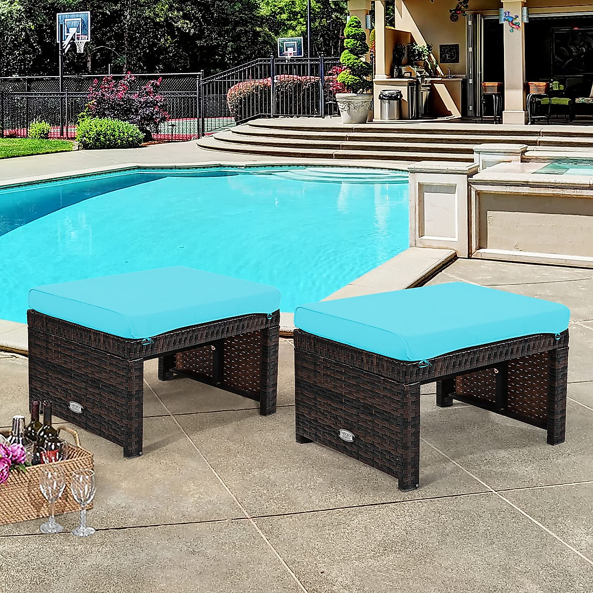 Tangkula 2 Pieces Patio Rattan Ottomans, All Weather Outdoor Footstool Footrest Seat with Soft Cushion, Hidden Zipper, High-Density Sponge, Wicker Ottoman Seat for Patio, Garden, Poolside (Turquoise)