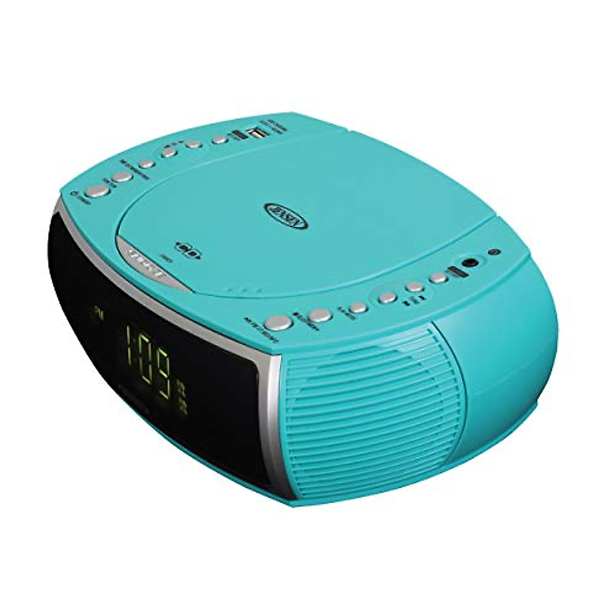 Jensen Turquoise Modern Home CD Tabletop Stereo Clock Digital AM/FM Radio CD Player Dual Alarm Clock Stereo CD Top-Loading Disc Player | USB Charging Port DV 5V 800mA | Headphone Jack | 0.9 Display