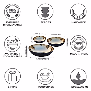 De Kulture Ayurveda Pure Kansa Bronze Nested Bowls Set of 3 for Biryani, Ramen, Noodle, Macaroni, Spaghetti and Pasta, Ideal for Serving & Dining Table Decoration