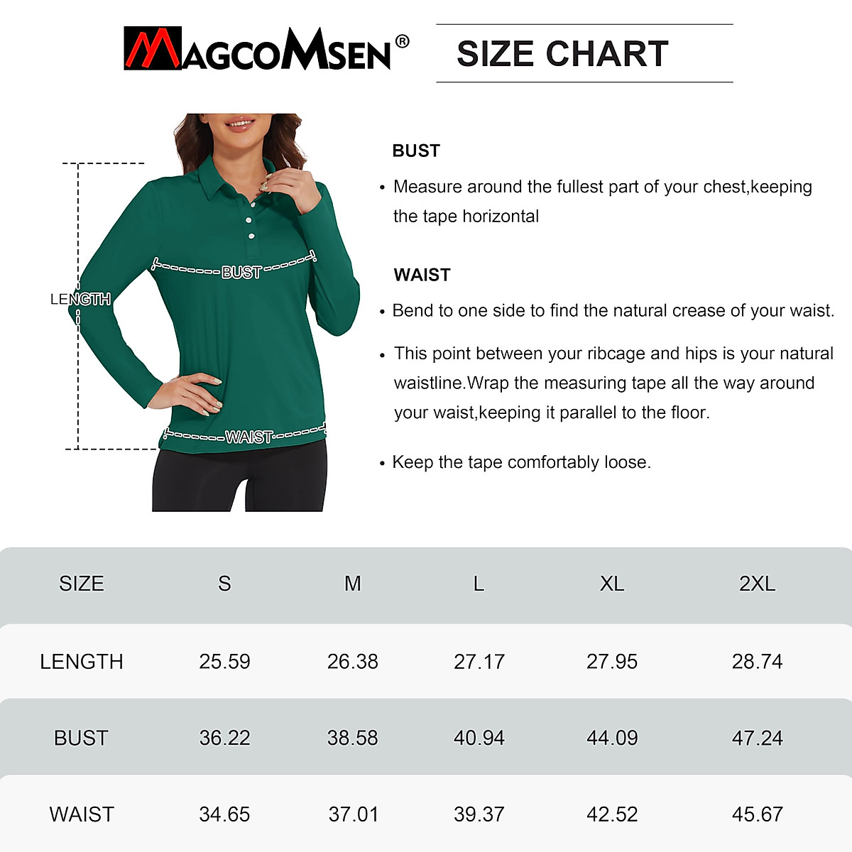 MAGCOMSEN Women's Swim Shirt Long Sleeve Polo Tees Shirts UPF 50+ UV Protection Athletic Shirts V-Neck Golf Polo Emerald Green,M