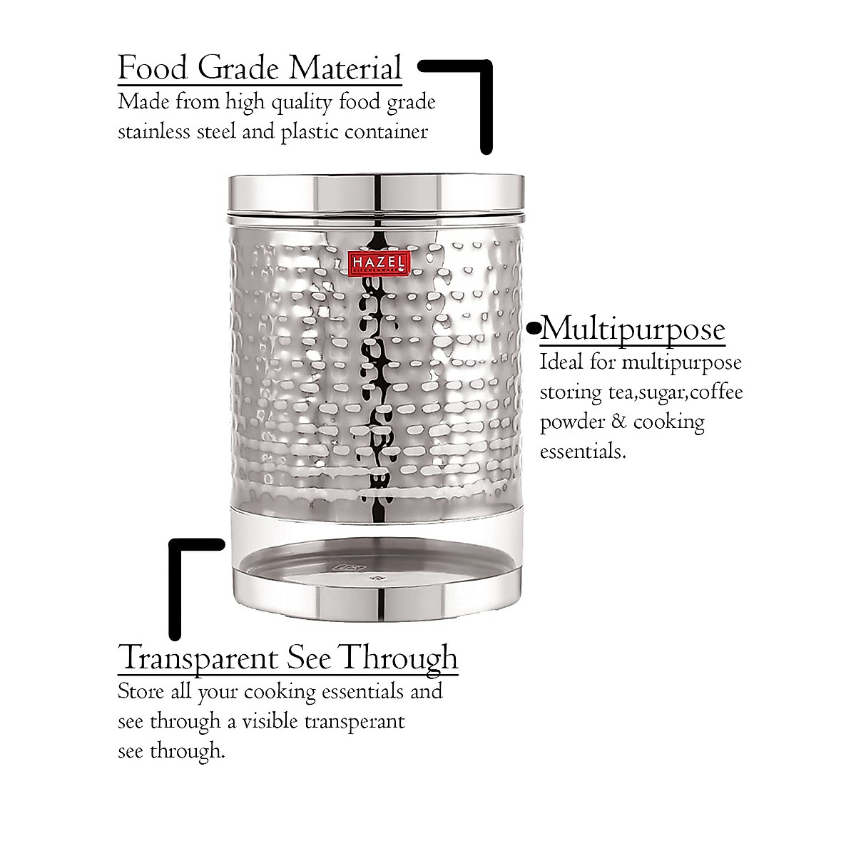 HAZEL Stainless Steel Kitchen Containers I Transparent Kitchen Container Set of 6, 3000 ml Each I Multipurpose Storage Box for kitchen containers set with Glossy Hammered Finish