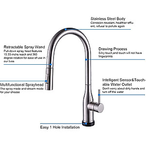 Touchless Kitchen Faucet,Touch Faucet for Kitchen Sink with Pull Down Sprayer, Kitchen Sink Faucets with Pull Out Sprayer,Brushed Nickel Stainless Steel Kitchen Faucets