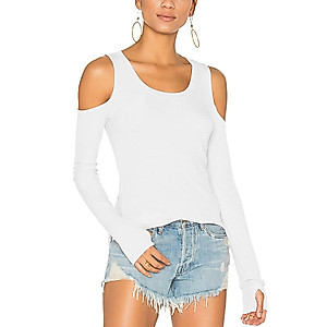 Mippo Womens Cold Shoulder Long Sleeve Tops Workout Shirts Thumb Holes Sweater Gym Yoga Clothes Hiking Tshirts White L