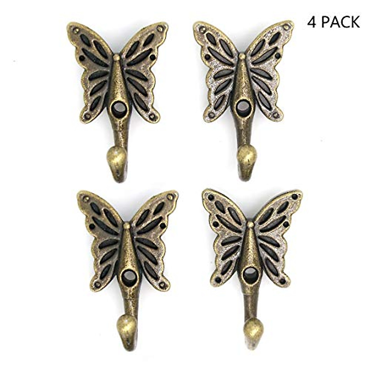 4 PCs Vintage Antique Brass Butterfly Shaped Wall Hooks Wall Mounted Hanger for Coat Cloths Hat Towel (Length 1-3/8-in Width 2-11/64-in)