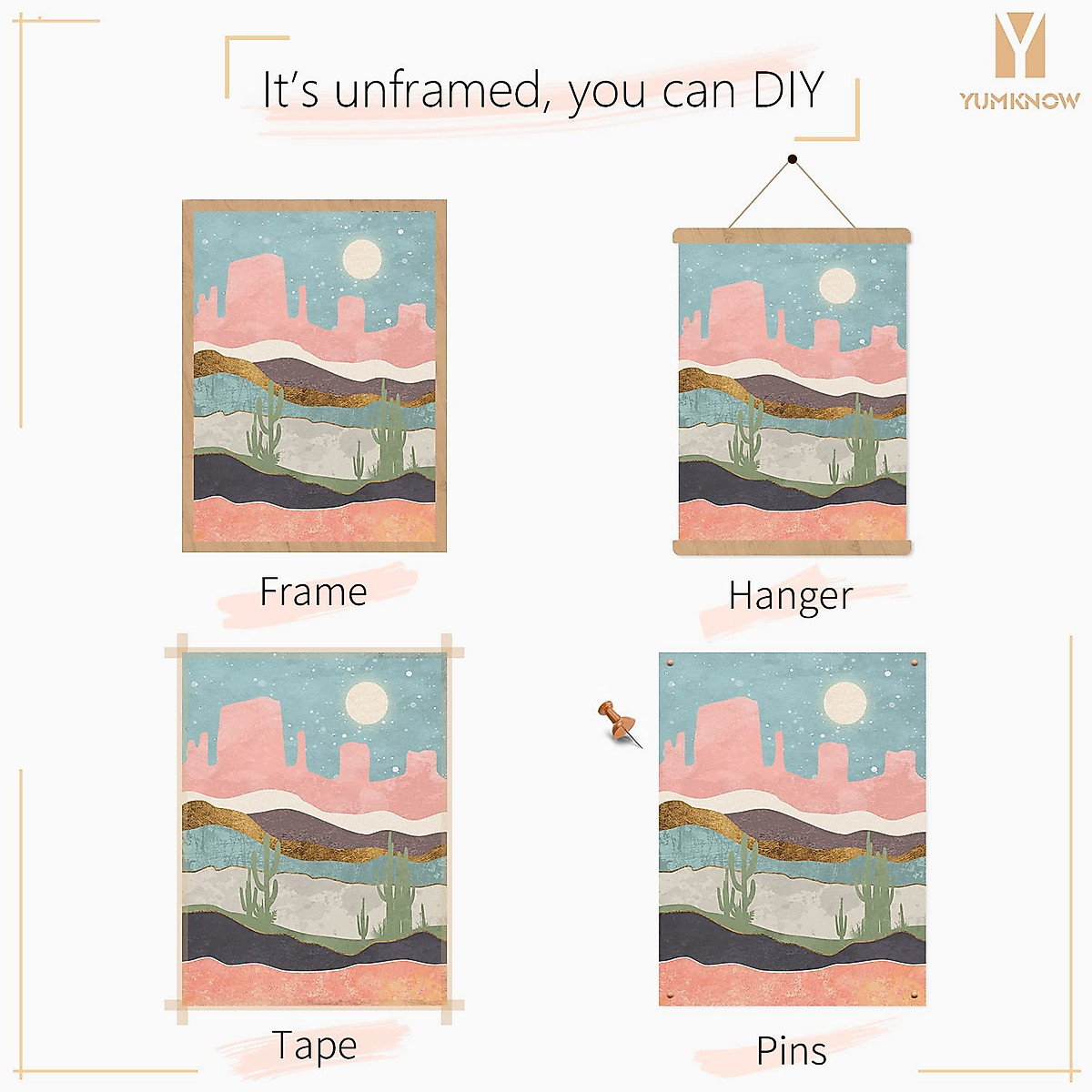 Southwestern Desert Wall Art - Pastel Pink and Teal Poster Picture Prints - Modern Boho Mountain Wall Decor - Green Cactus Room Decor - Textured Nature Art - Abstract Western Artwork for Bedroom 8x10