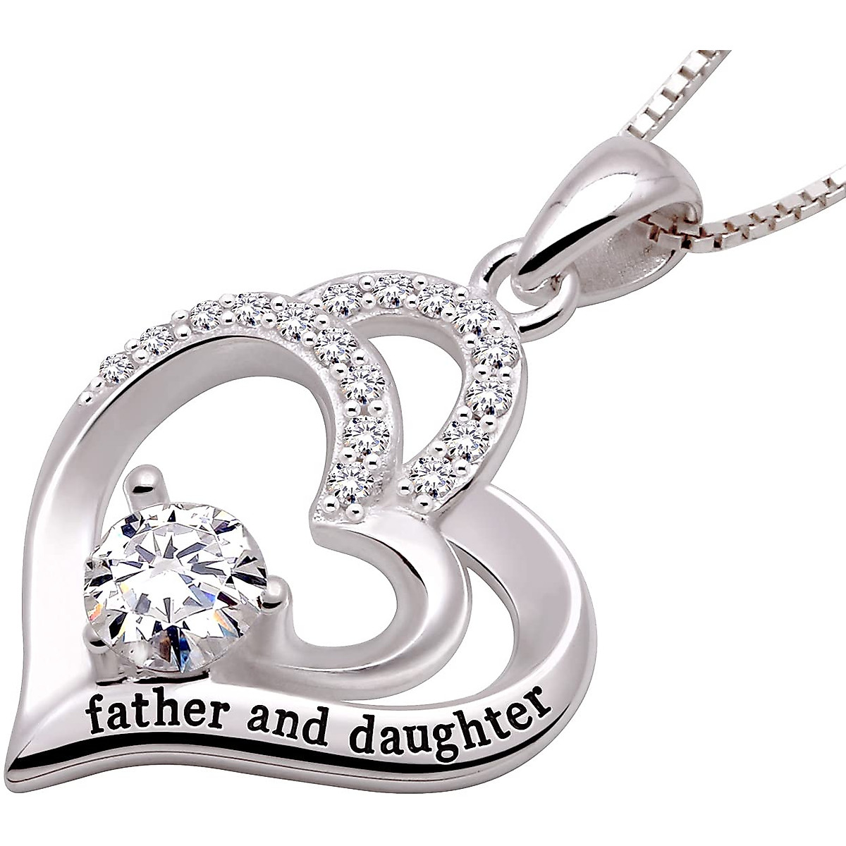 ALOV Jewelry Sterling Silver father and daughter Love Heart Cubic Zirconia Pendant Necklace