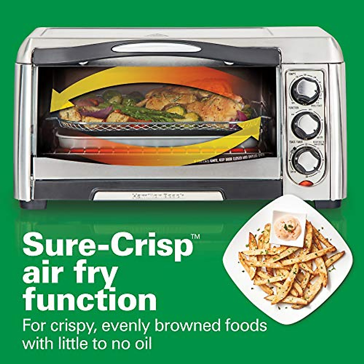 Hamilton Beach Air Fryer Countertop Toaster Oven with Large Capacity, Fits 6 Slices or 12” Pizza, 4 Cooking Functions for Convection, Bake, Broil, Easy Access, Sure-Crisp, Stainless Steel (31323)