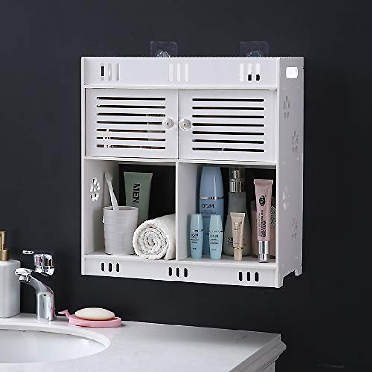 Ochine Home Bathroom Cabinet Wall Mounted with Doors, Bathroom Medicine Cabinet Non-Perforated Wood Hanging Cabinet Wall Bathroom Cabinet PVC Wall Cabinets with Doors and Shelves Over The Toilet