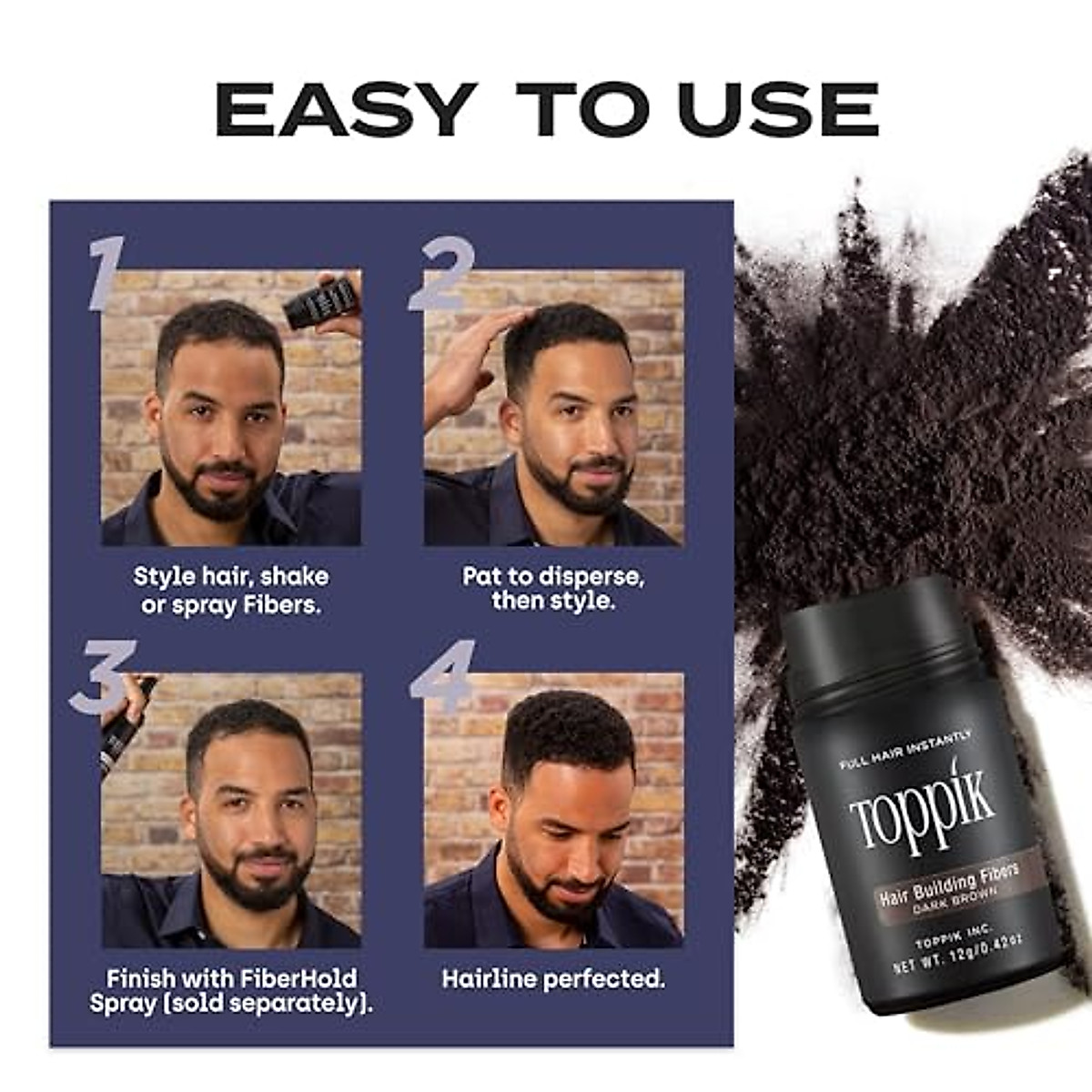 Toppik Hair Building Fibers, Black, 12g Fill In Fine or Thinning Hair Instantly Thicker, Fuller Looking Hair 9 Shades for Men Women