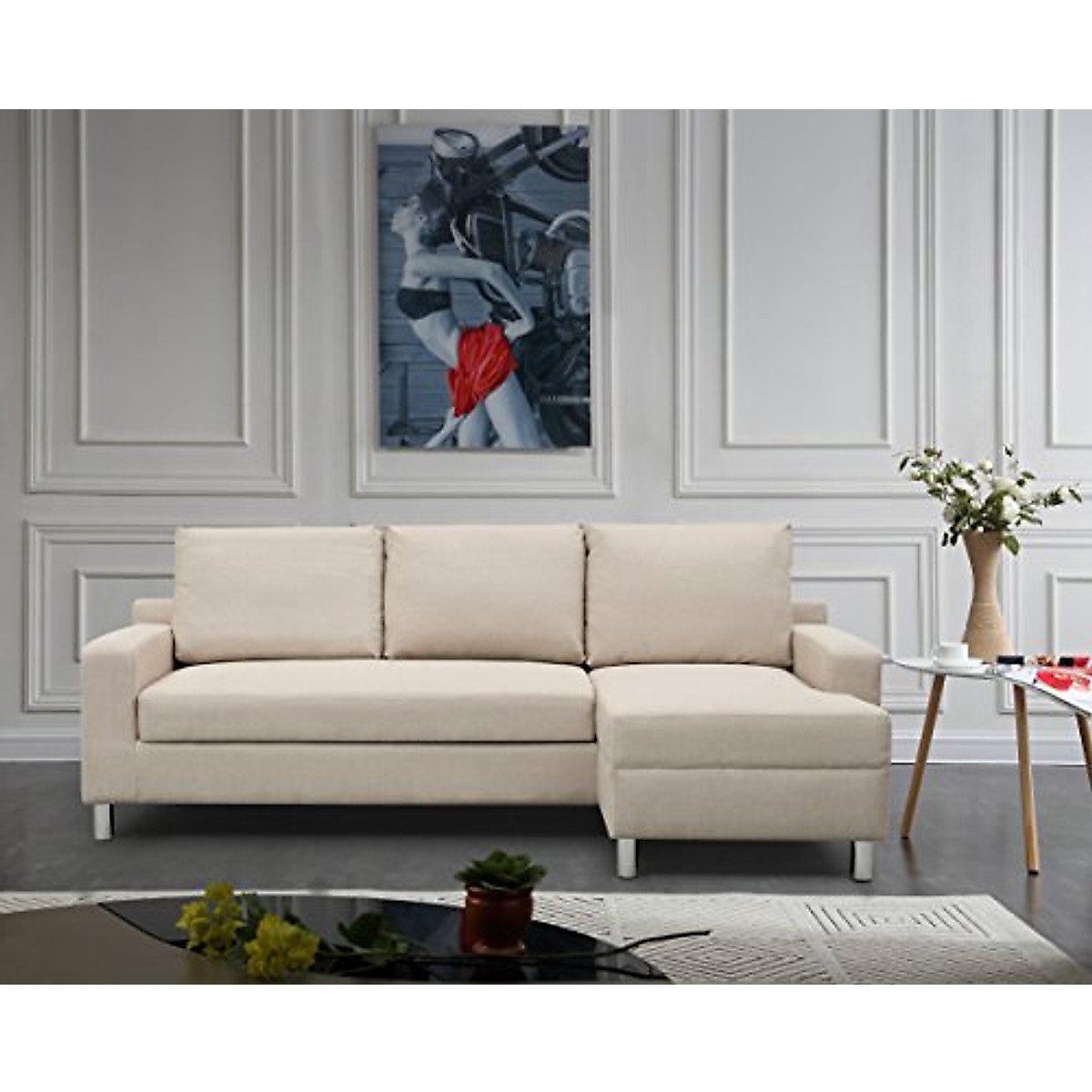 Container Furniture Direct Amelie Linen Upholstered Contemporary Modern Right-Sided Sectional Sofa with Bed, 83.9", Beige