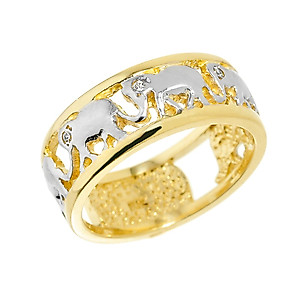 Animal Kingdom Fine 14k Two-Tone Gold Open Design Band Diamond Elephant March Ring (Size 11)