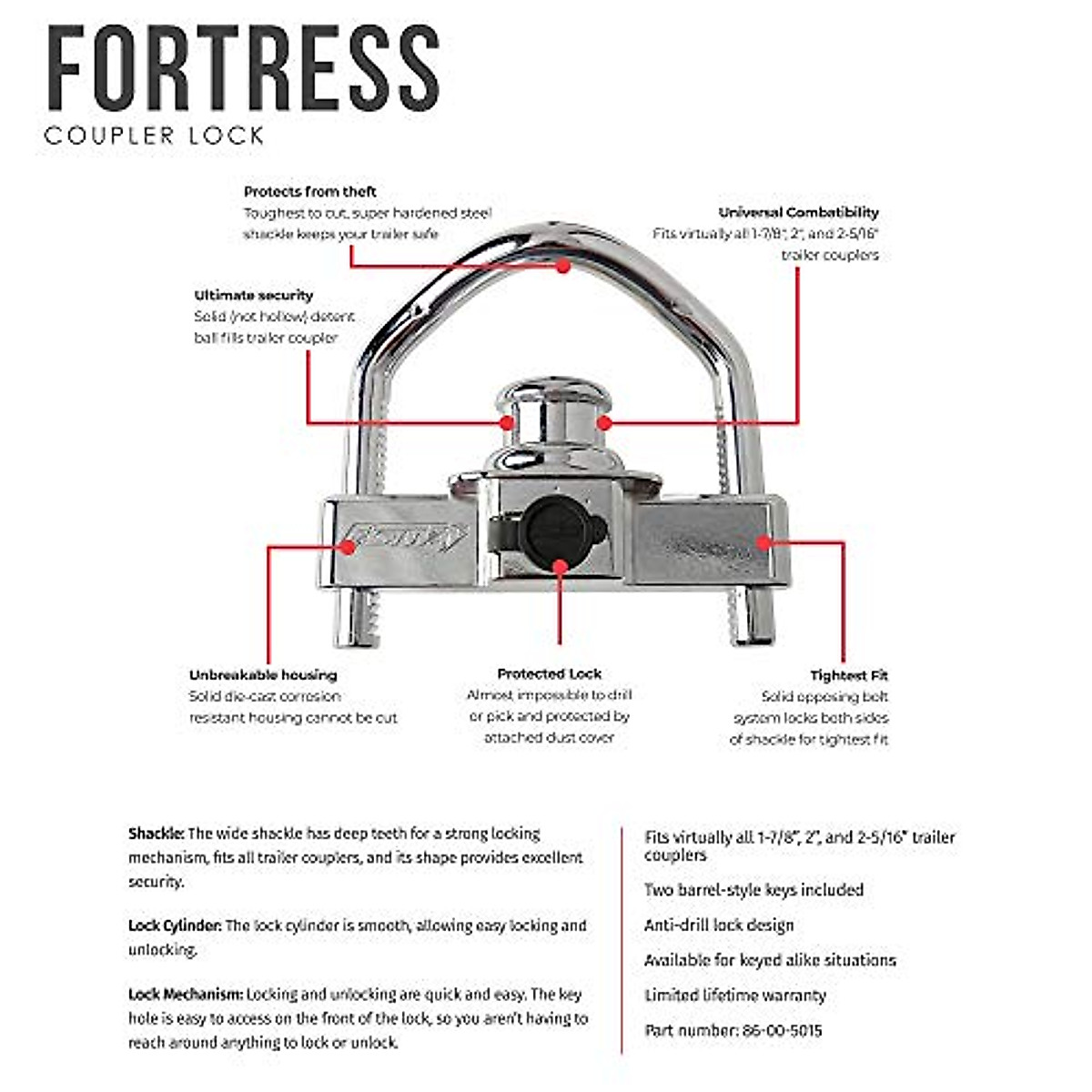 Fastway Fortress 86-00-5015 Maximum Security Universal Coupler Lock for 1 7/8 Inch, 2 Inch and 2 5/16 Inch Couplers
