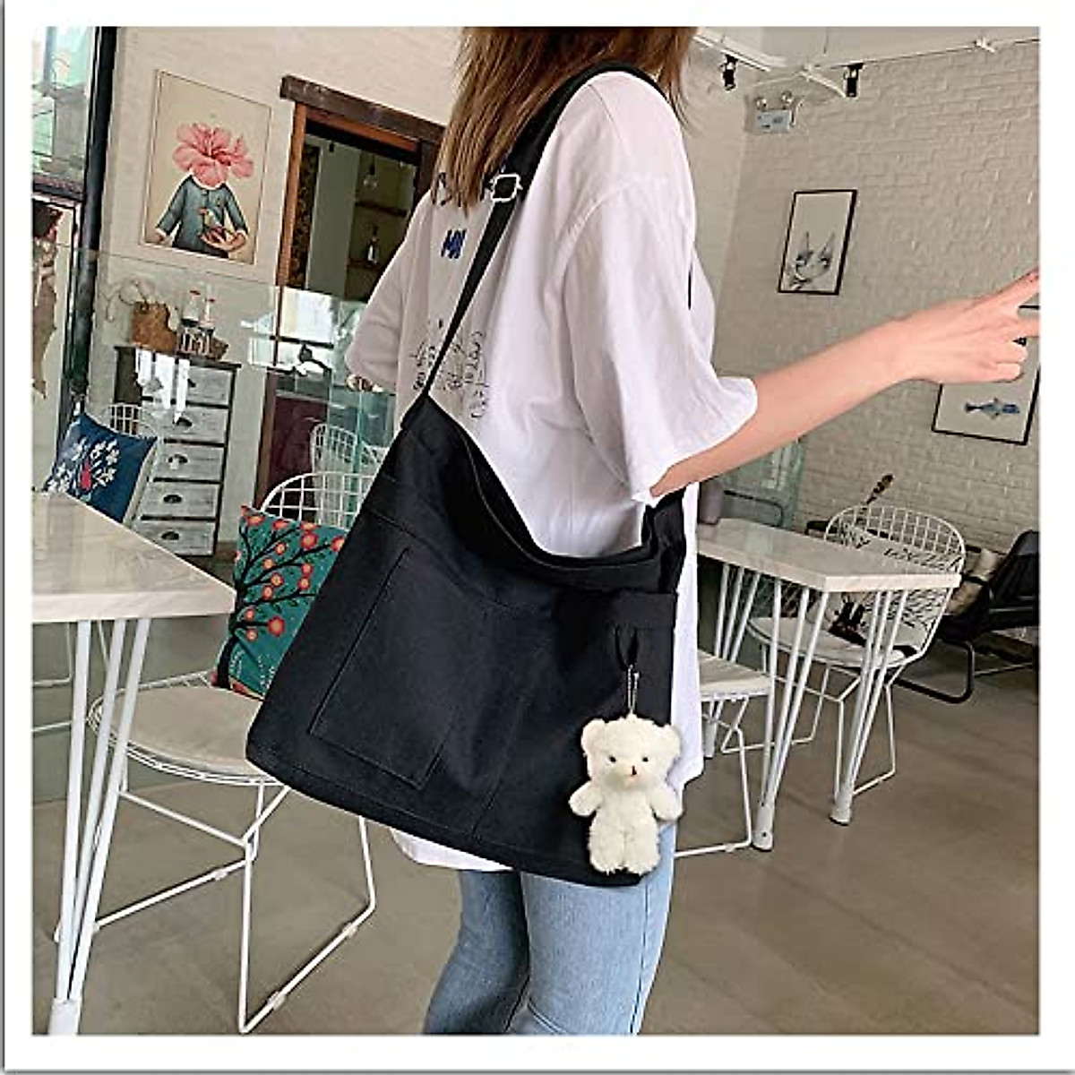 SPORTBANG Canvas Tote Bag for Women,Canvas Crossbody Cute Tote Bag Aesthetic Student Handbags Casual Shopping Work Travel Bag (Black#2, One Size)