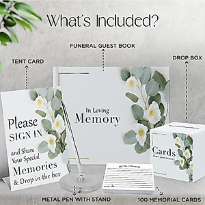 7 pcs Guest Book Set, Funeral Guest Book, Includes: Guestbook, 50 Memory Cards, Ball Pen+Pen Stand, Table Sign, Card Box, Mailer Box, Celebration of Life Guest Book, Registry Book, Memory Book