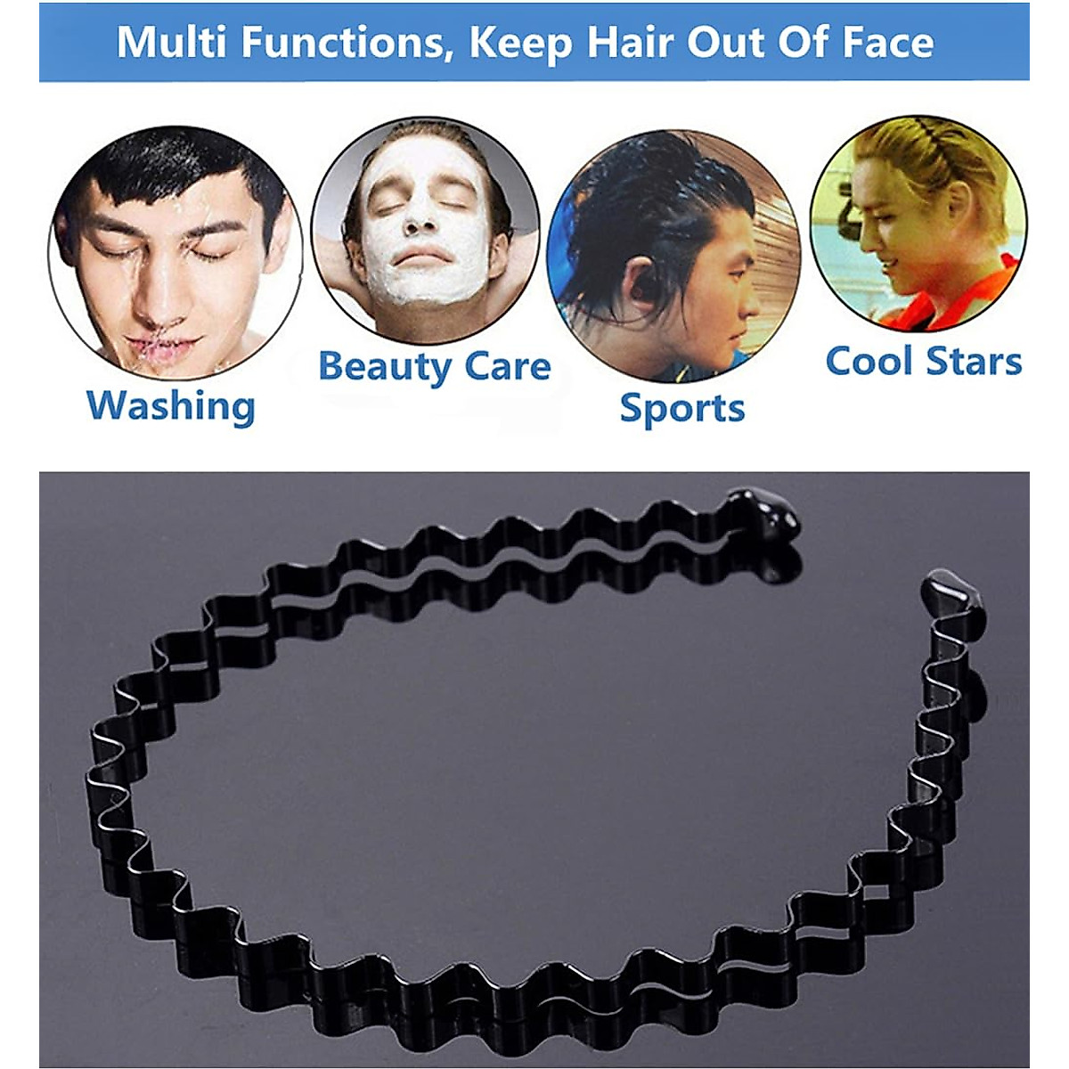 bodbop XINGZHE Metal Hair Band for Men Headband Women Hair Bands for Guys Fashion Headbands for Washing Face Makeup Sports Head Hair Hoop Black Elastic Non Slip Wavy Men’s Hairband (Black)