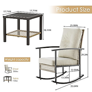 SDMY Rocking Bistro Set, Outdoor Wicker Furniture Sets, Patio Conversation Furniture Set with 2 Rockers and 1 Metal Coffee Table with Thick Cushions, Poolside, Garden, White