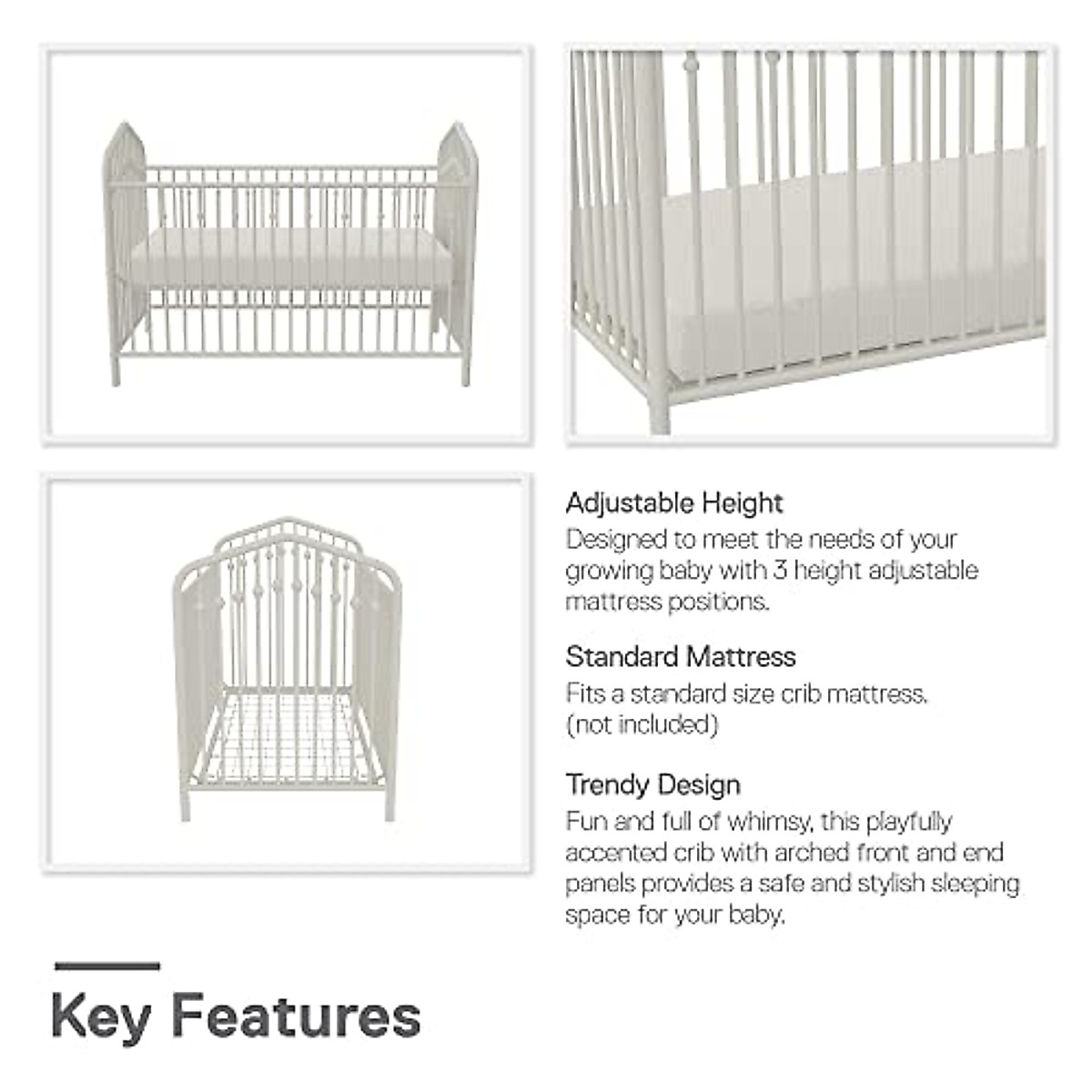 Novogratz Bushwick Metal Crib with Adjustable Mattress Height, Off White