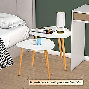 Bamboo White Nesting End Table - Side Tables Living Room Tables, Nesting Tables Set of 2 Small Coffee Table, Modern Minimalist Triangle Center Table for Sofa Bedside Bedroom Apartment Ofiice