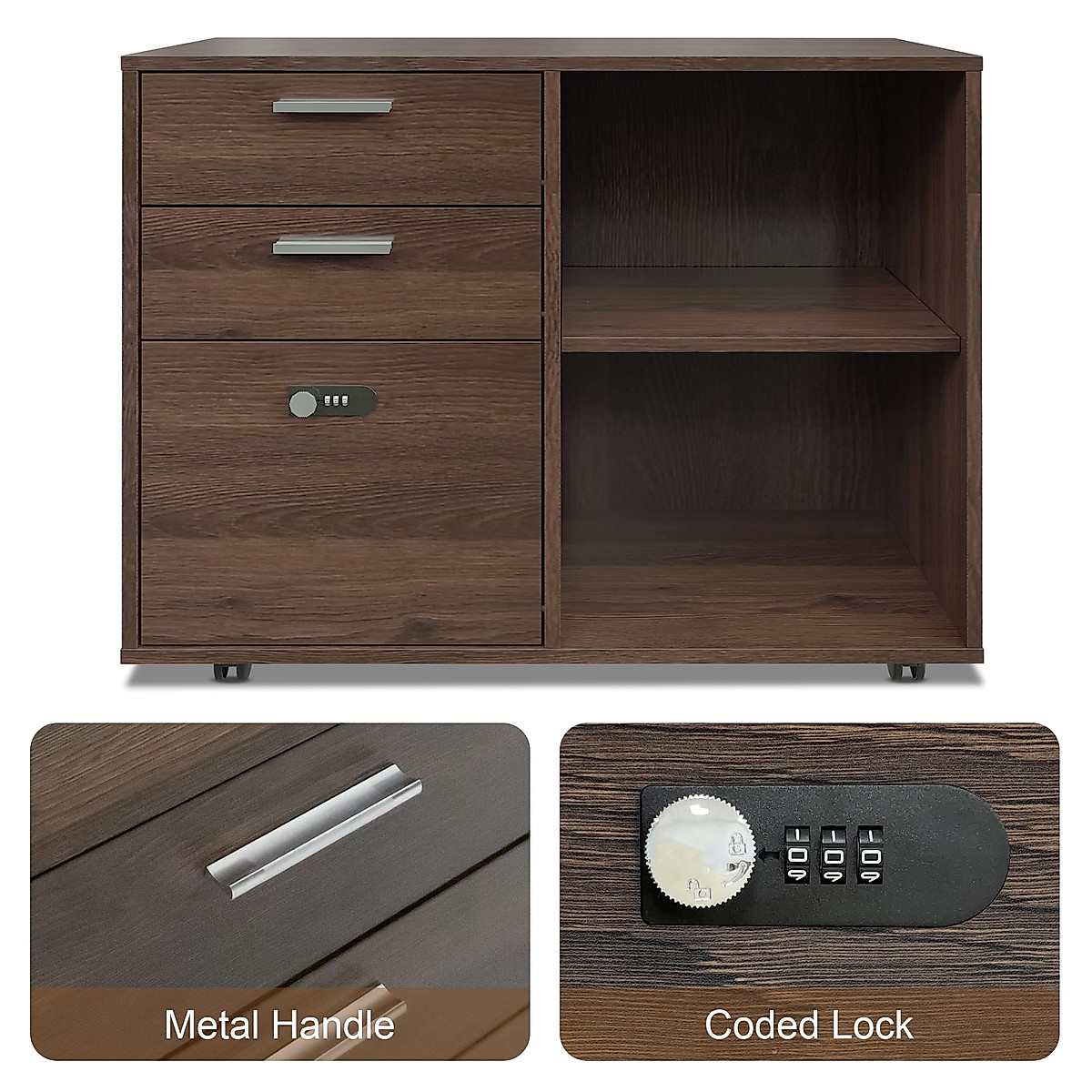 Warmiehomy Mobile Lateral File Cabinet with Smart Lock 3 Drawer Lateral File Cabinet with Open Storage Shelf Rolling Wood Office Filing Cabinet fits A4/Letter/Legal Size (Rustic Brown)