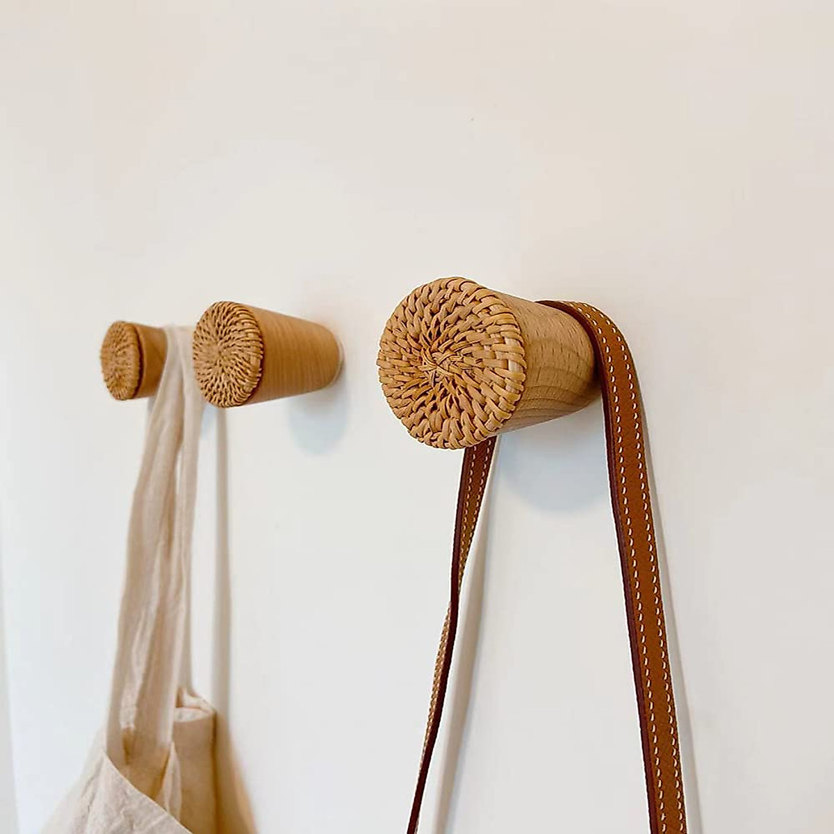 Bohoify 3pc Boho Rattan Wicker Woven Wood Wall Hooks, Handmade Wall Mounts, Rustic Wooden Hook for Hats, Scarfs, Bags, Decorative Home Decor Bathroom Clothes Hanger Organizer (50mm x 35mm, Caramel)